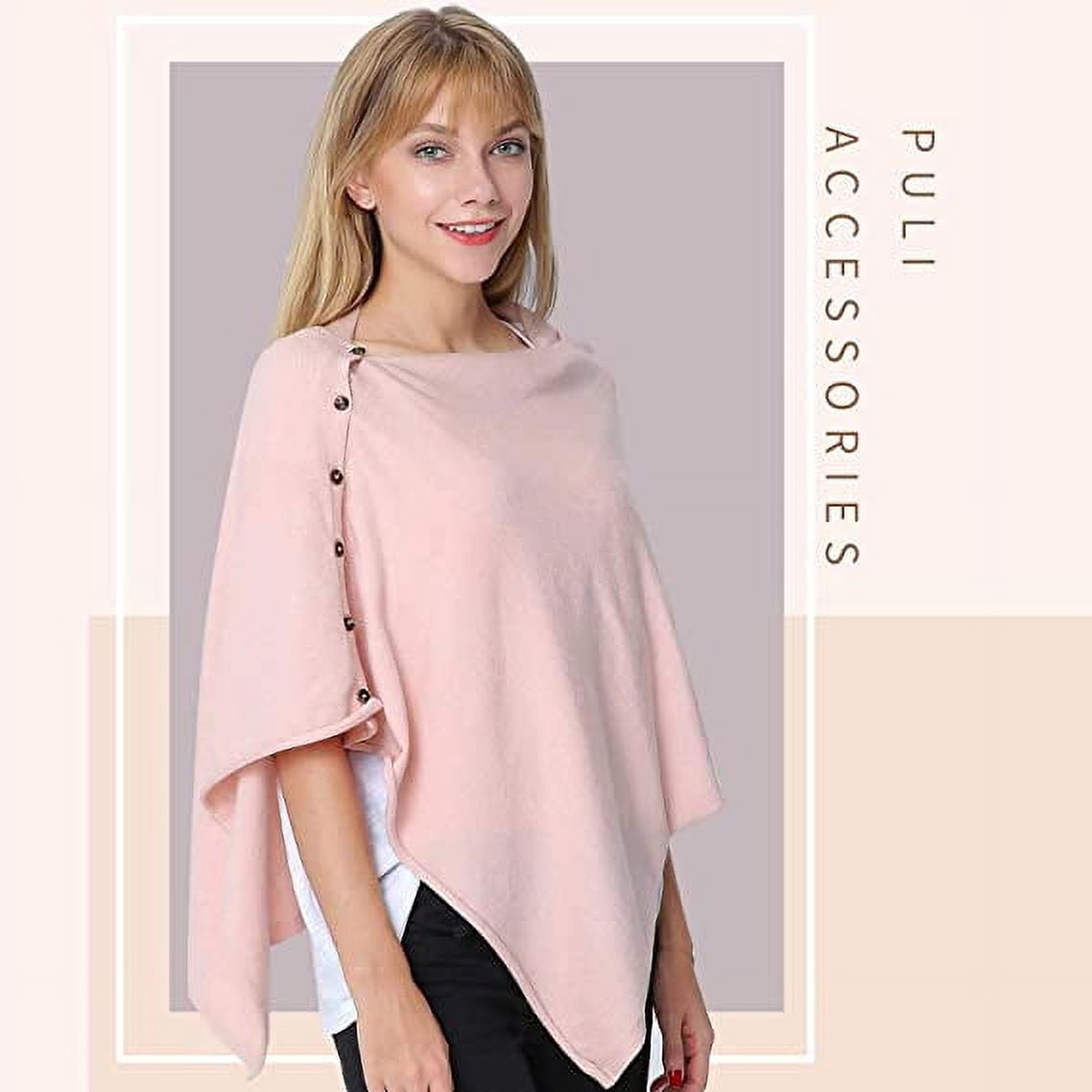 PULI Women's Versatile Knitted Scarf Poncho Sweater with Buttons Light ...