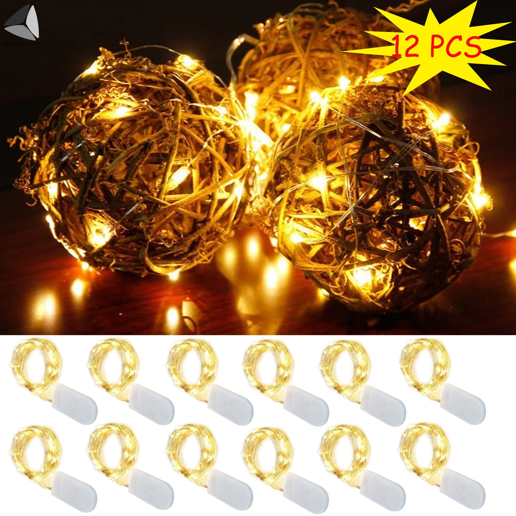 PULLIMORE 12 PCS LED Fairy String Lights 20 LEDs 6.57 Ft Battery Operated Sliver Wire Lights ...