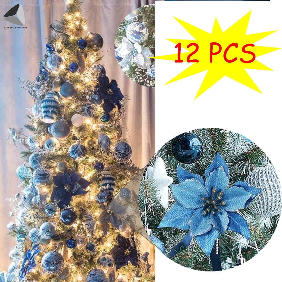 PULLIMORE 12 Pcs Artificial Christmas Poinsettia Flowers Glitter Tree ...