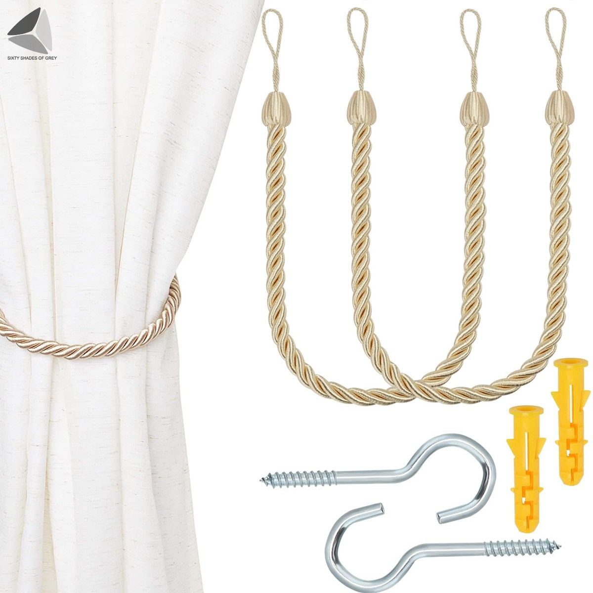 PULLIMORE 2 Pairs Curtain Tieback Ropes, Hand Hessian Rope Tiebacks ...