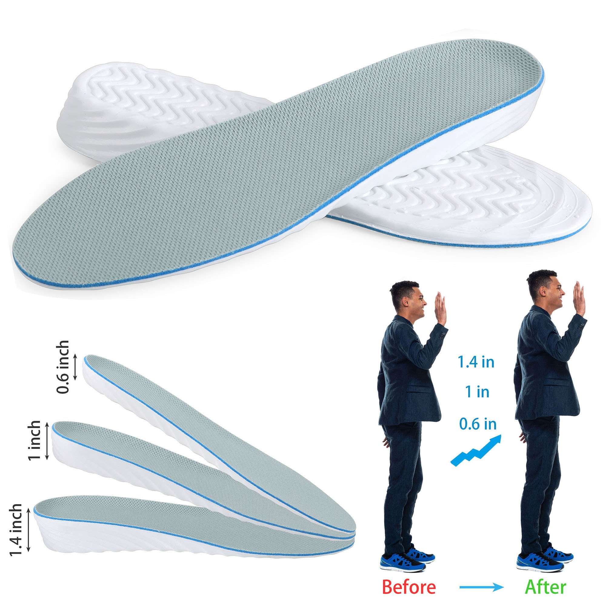 PULLIMORE 2 Pairs Invisible Height Increase Insole Adjustable Cut Lift ...