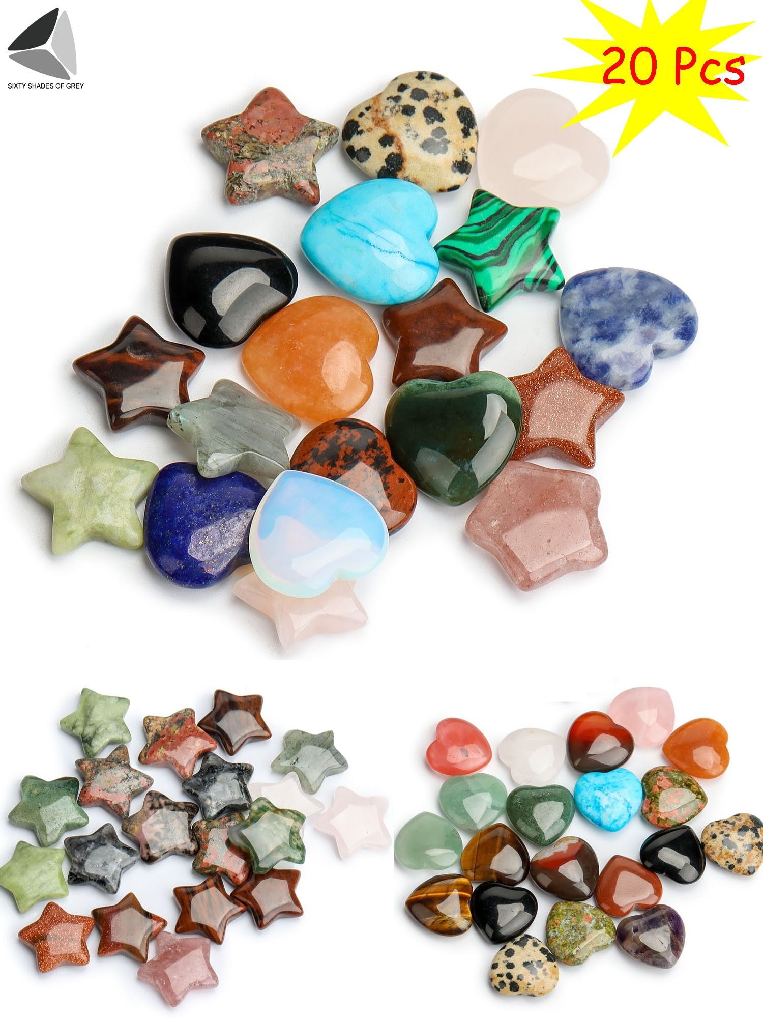 PULLIMORE 20 Pcs Mixed Natural Quartz Stones Stars Loving Heart Reiki ...