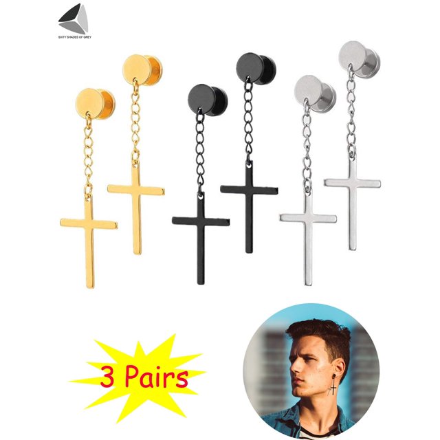 PULLIMORE 3 Pairs Stainless Steel Cross Earrings Vintage Circle Screw ...