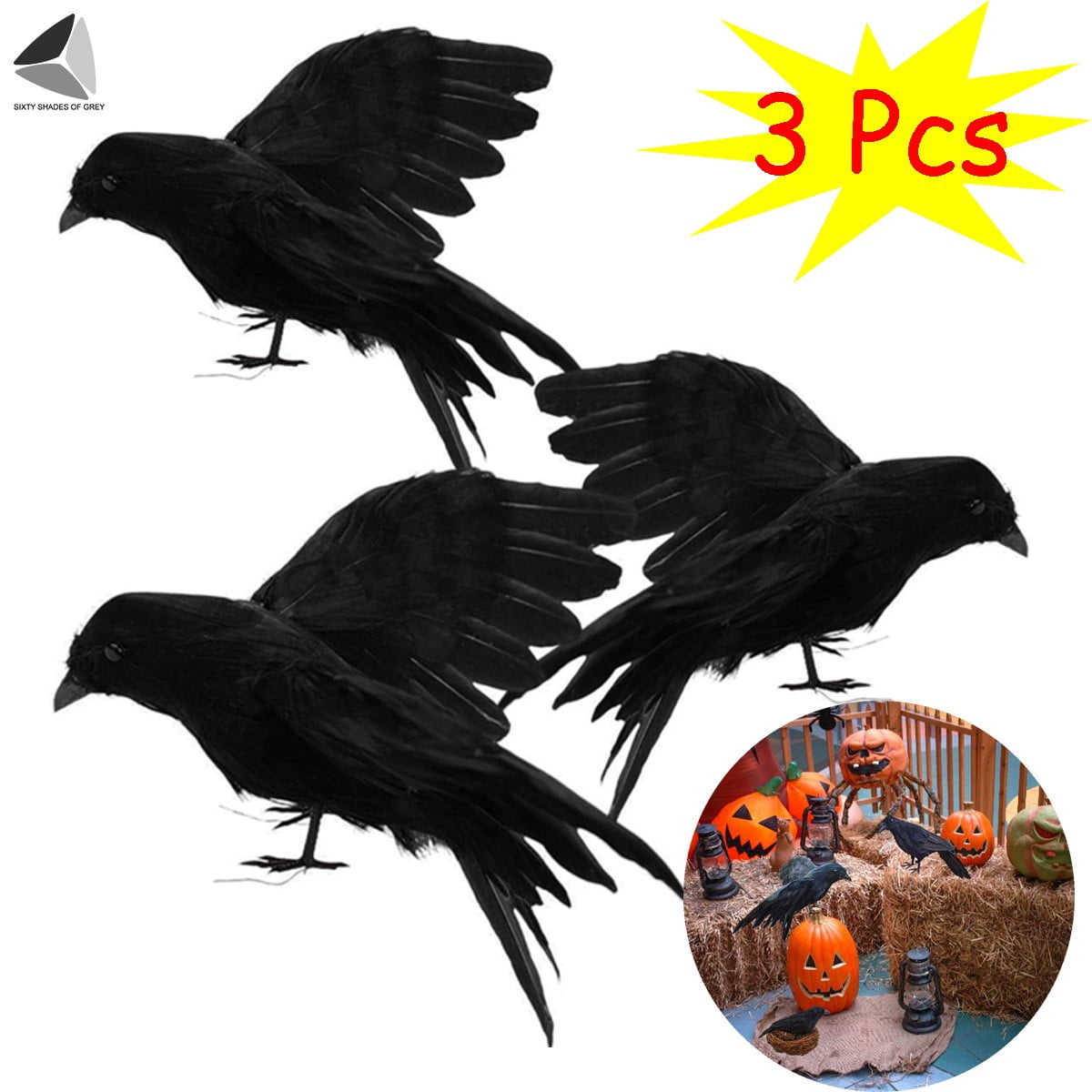 PULLIMORE 3 Pcs Halloween Crow Props Realistic Raven Feathered Fake ...