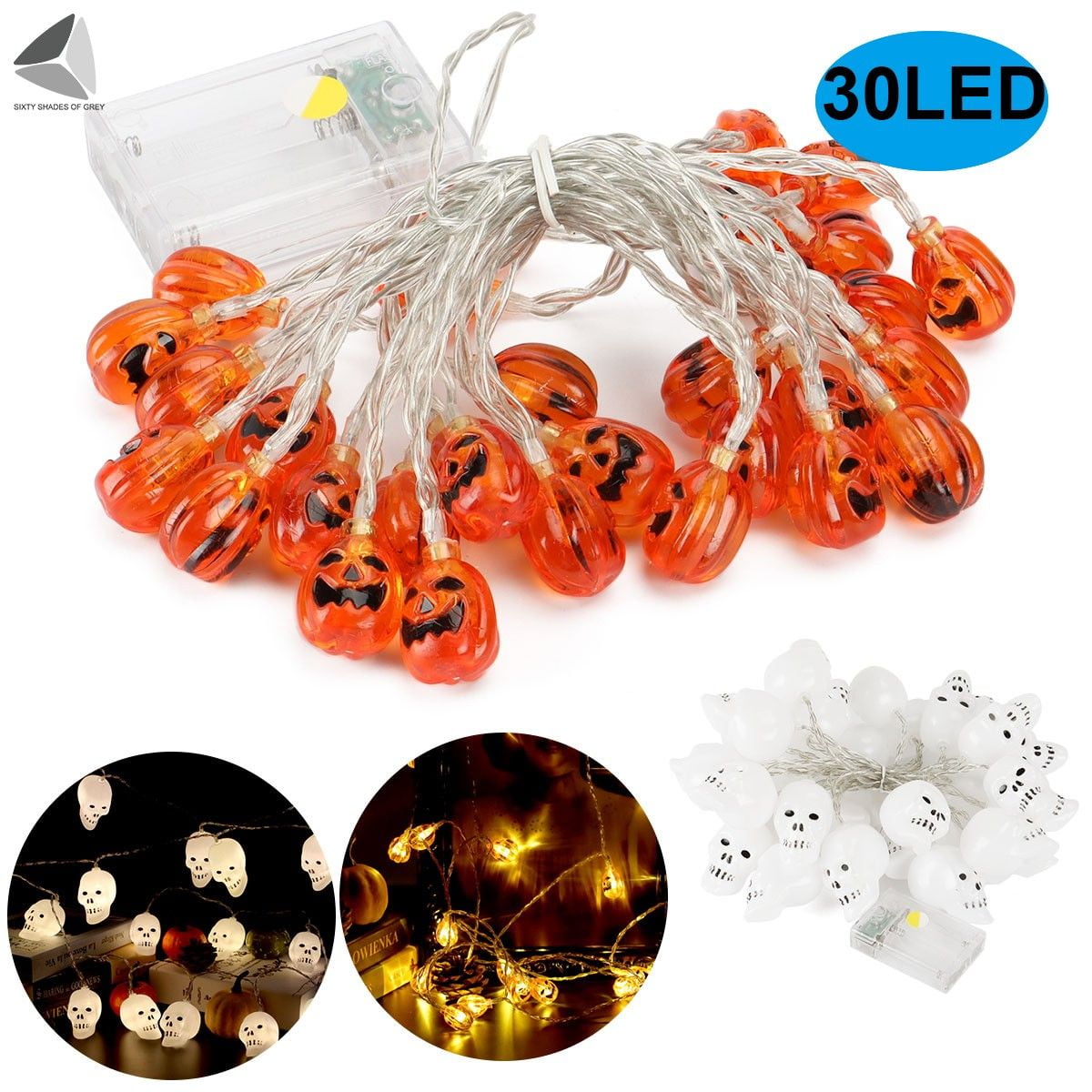 PULLIMORE 30 LEDs Halloween String Lights Waterproof Pumpkin Skull LED ...