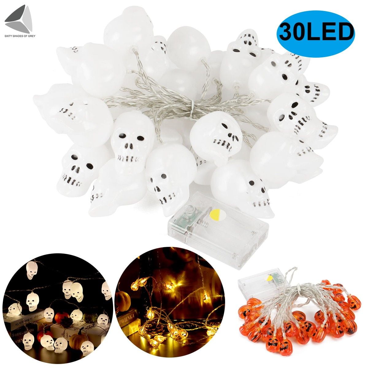 PULLIMORE 30 LEDs Halloween String Lights Waterproof Pumpkin Skull LED ...