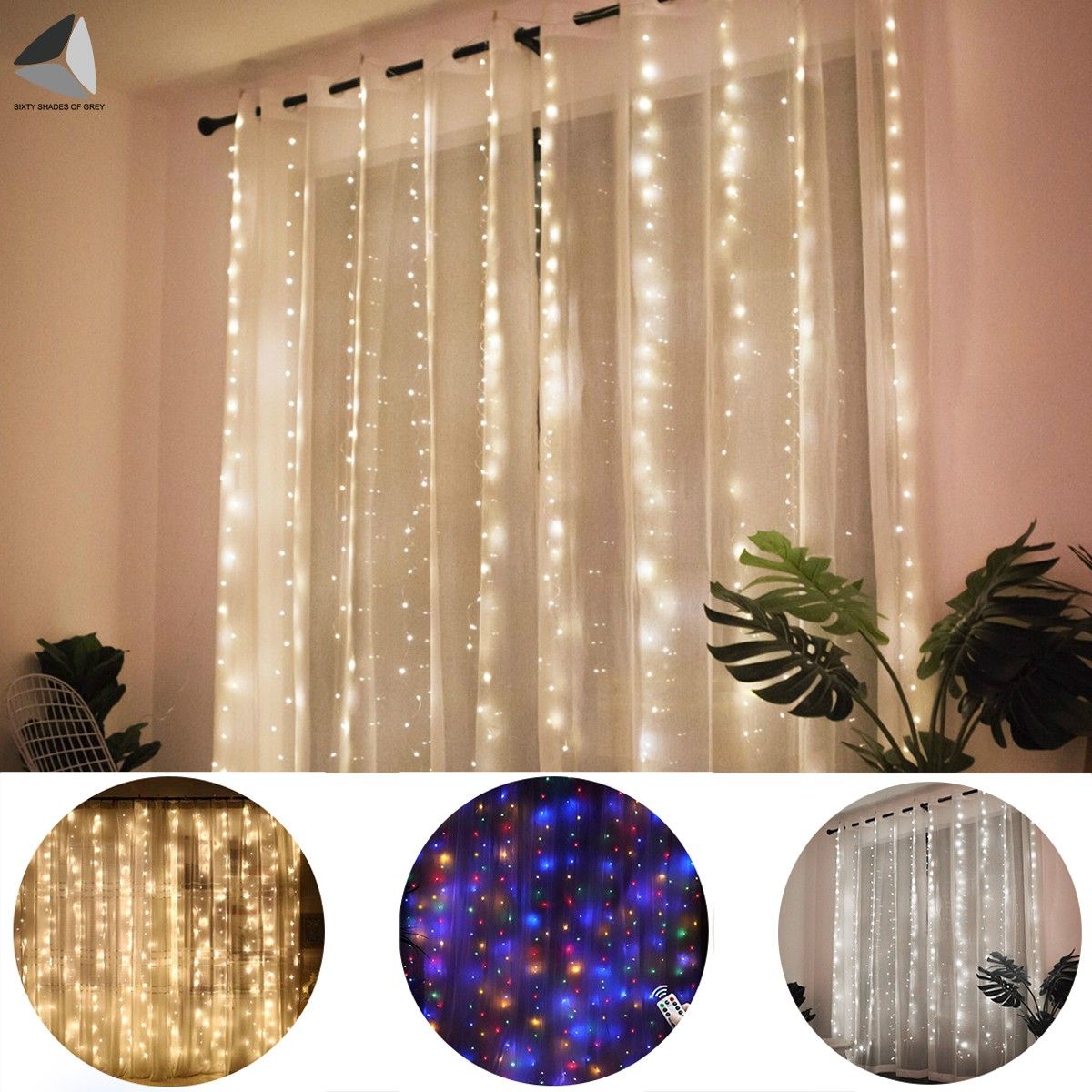 PULLIMORE 300 LED Twinkle Curtain Fairy String Lights 8 Modes USB with ...