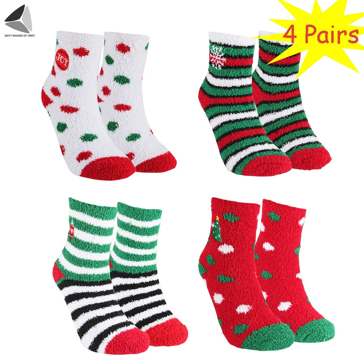 PULLIMORE 4 Pairs Women Christmas Fuzzy Socks Cozy & Warm Fleece Lined ...