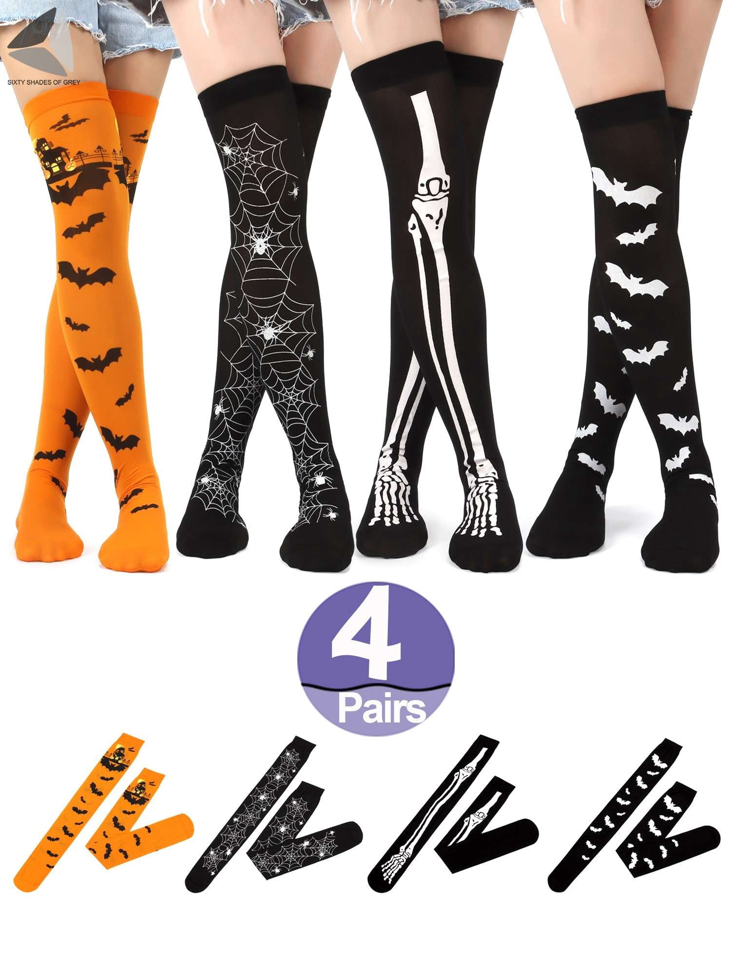 PULLIMORE 4 Pairs Women Halloween High Long Sockings Over Knees Socks ...