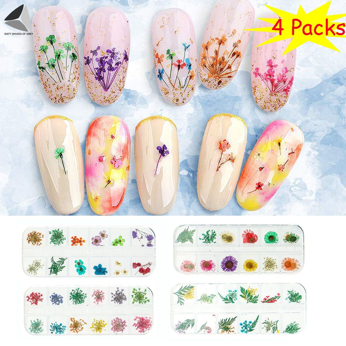 PULLIMORE 48 Colors Real Dried Flowers 3D Nail Art Decor Tips Manicure ...