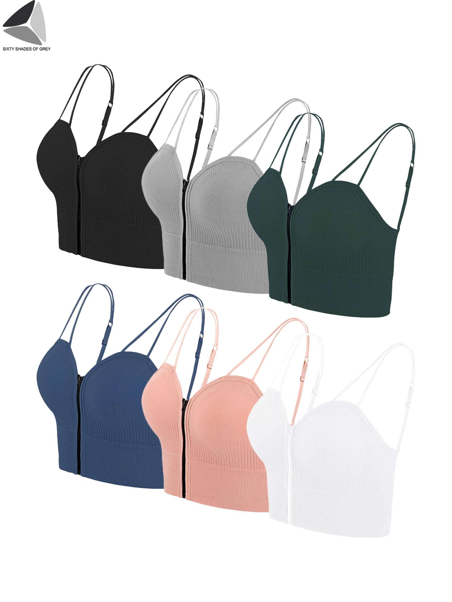 PULLIMORE 6 Pack Women Front Zipper Closure Bras Casual V Neck Bralette ...