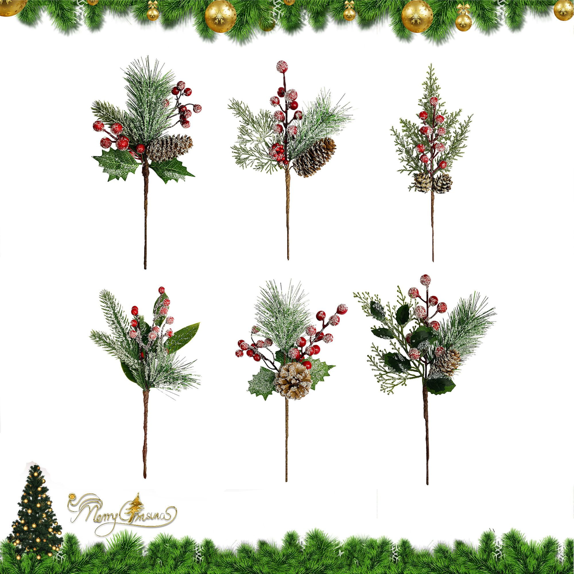 PULLIMORE 6PCS Artificial Christmas Floral Picks Assorted Holly Picks ...