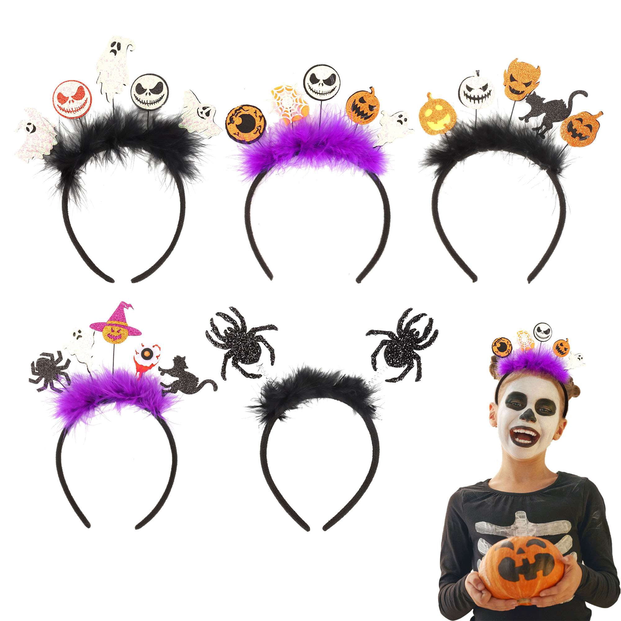 PULLIMORE Halloween Headband, 5PCS Head Boppers with Pumpkin Demon ...
