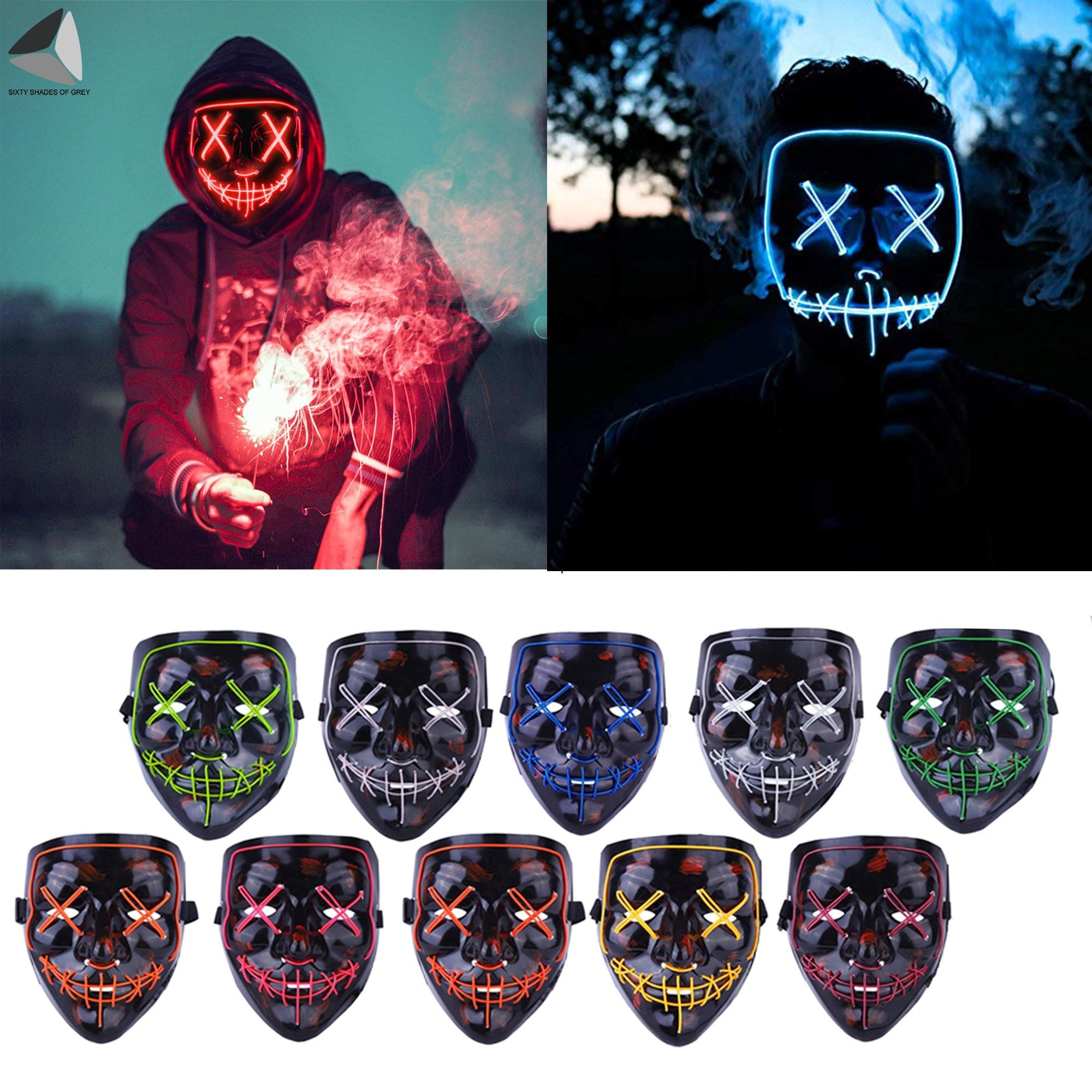 PULLIMORE Halloween Scary Mask Cosplay Costume LED Mask EL Wire Light ...