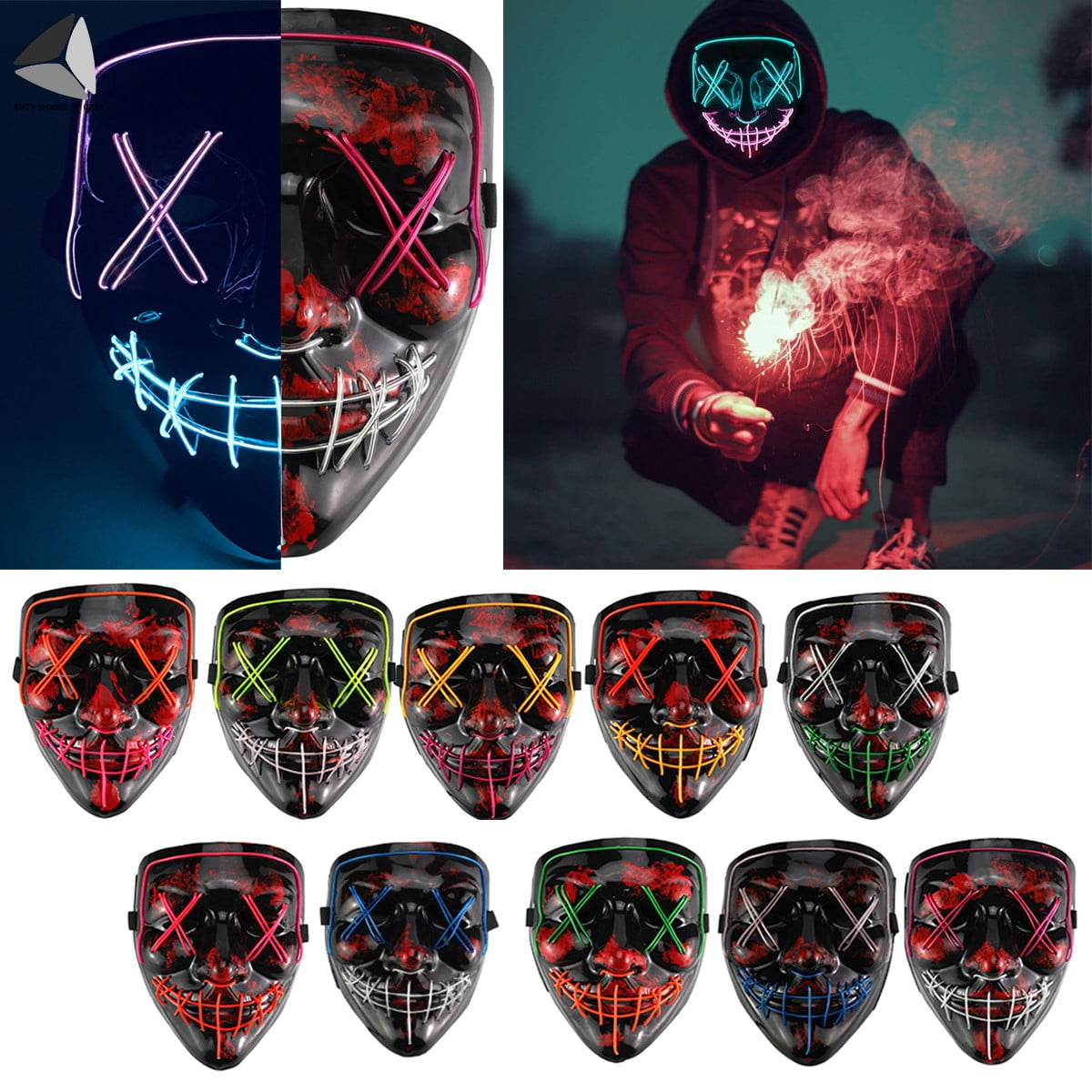 PULLIMORE Halloween Scary Mask Double Colors Led Mask EL Wire Light up ...