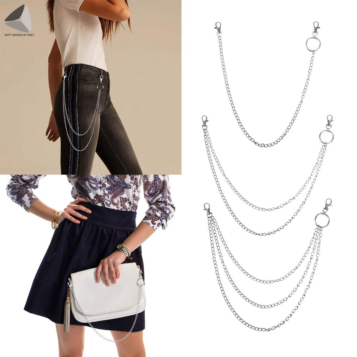 PULLIMORE Hip Hop Pants Jean Chains 1/2/3 Layers Goth Punk Silver ...