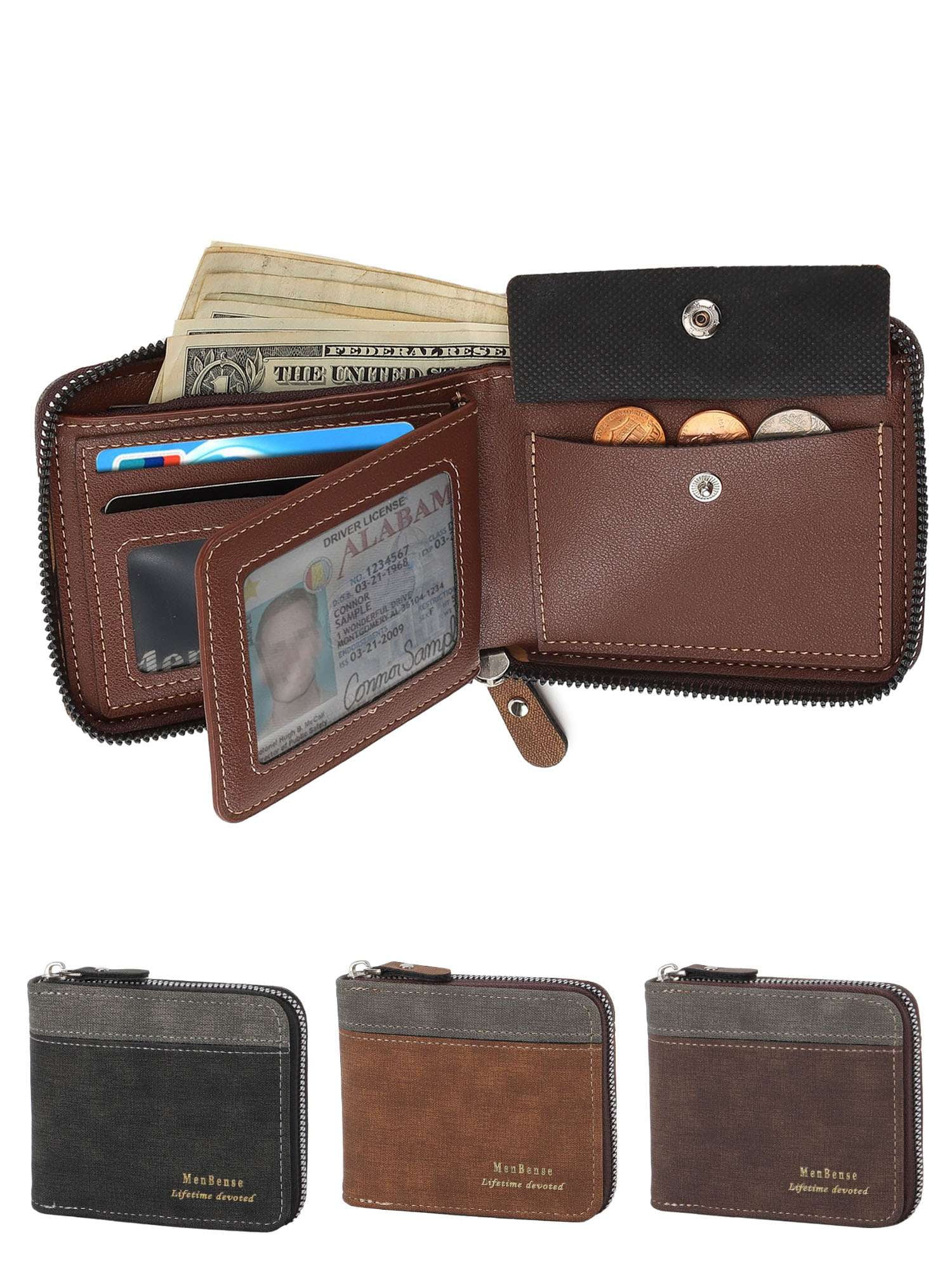 PULLIMORE Mens Wallet Zipper PU Leather RFID Card Holders Cowhide Zip ...