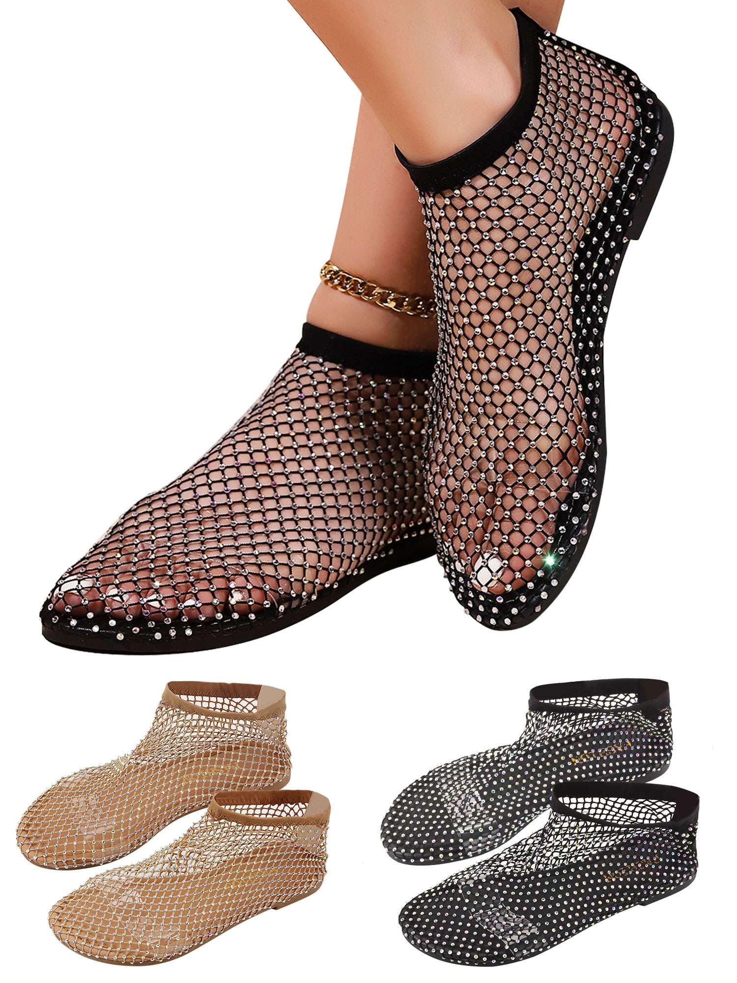 PULLIMORE Mesh Flats for Women Comfortable Fishnet Rhinestone Summer ...
