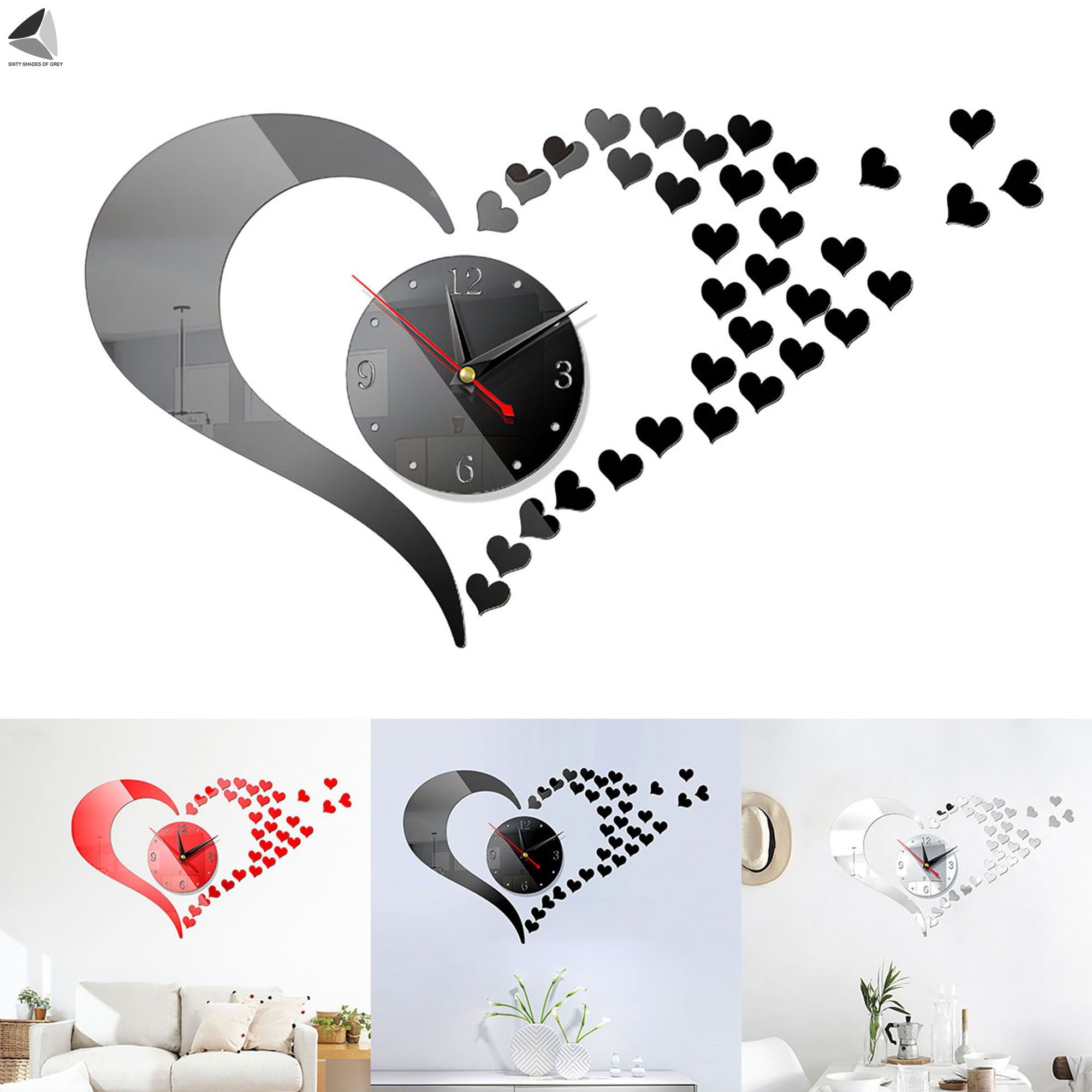 PULLIMORE Modern DIY 3D Large Wall Clock Stickers Love Heart Mirror ...