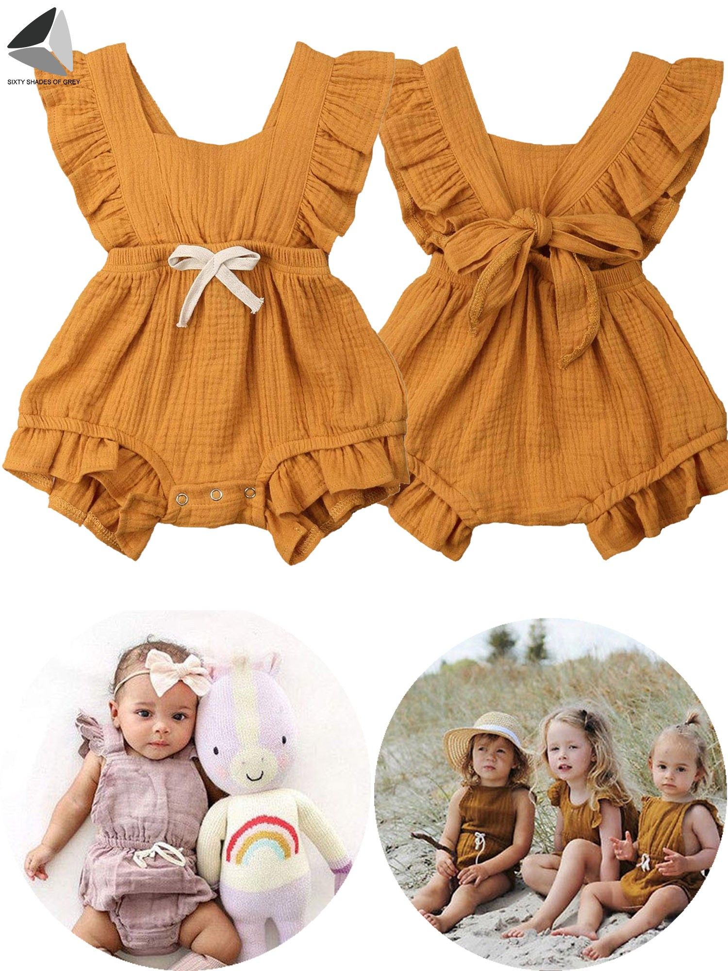 PULLIMORE Newborn Baby Girl Ruffle Romper Bodysuit Sleeveless Summer Clothes Jumpsuit (Yellow, 3 ...