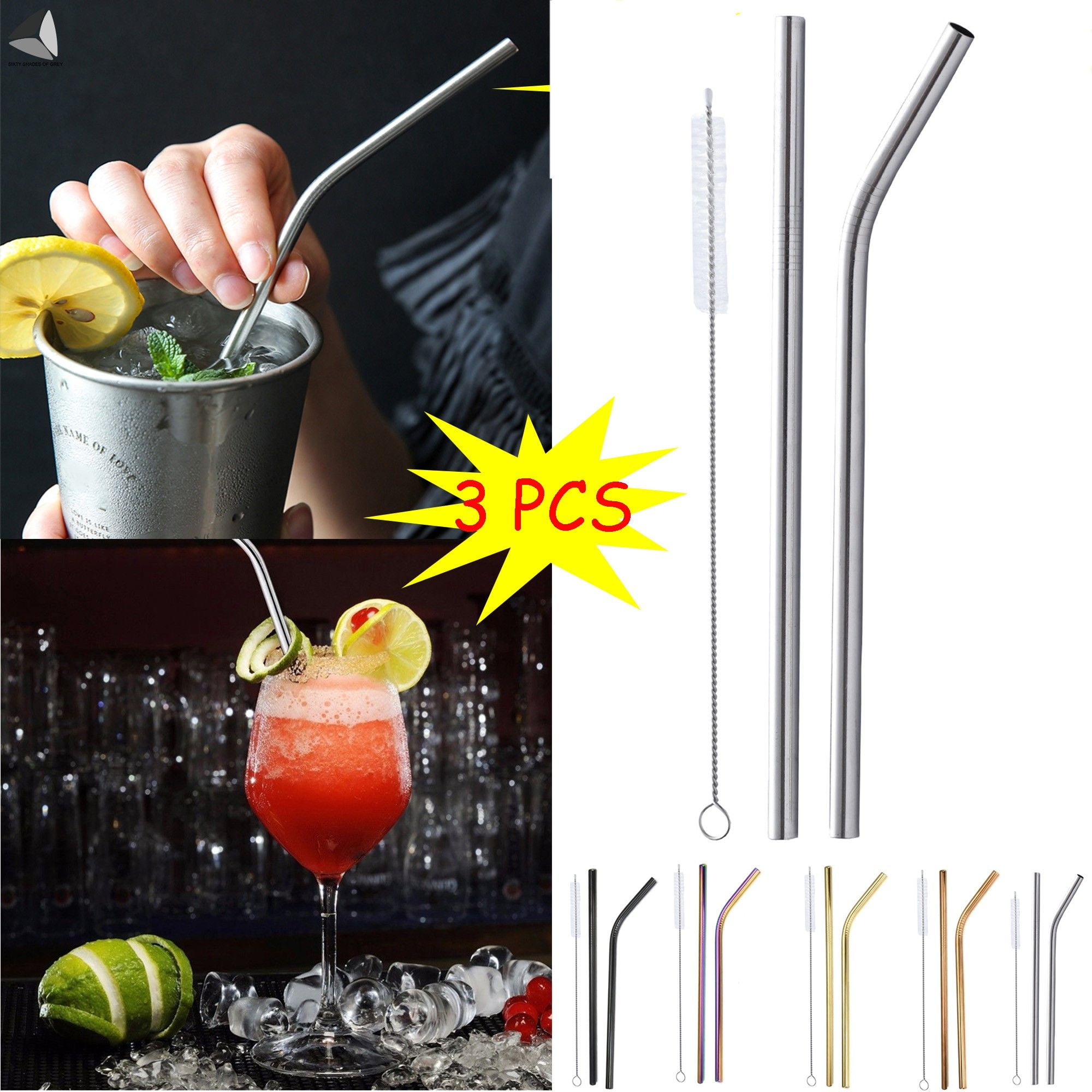 PULLIMORE Reusable Drinking Straw 3Pcs Set Stainless Steel Straight and ...