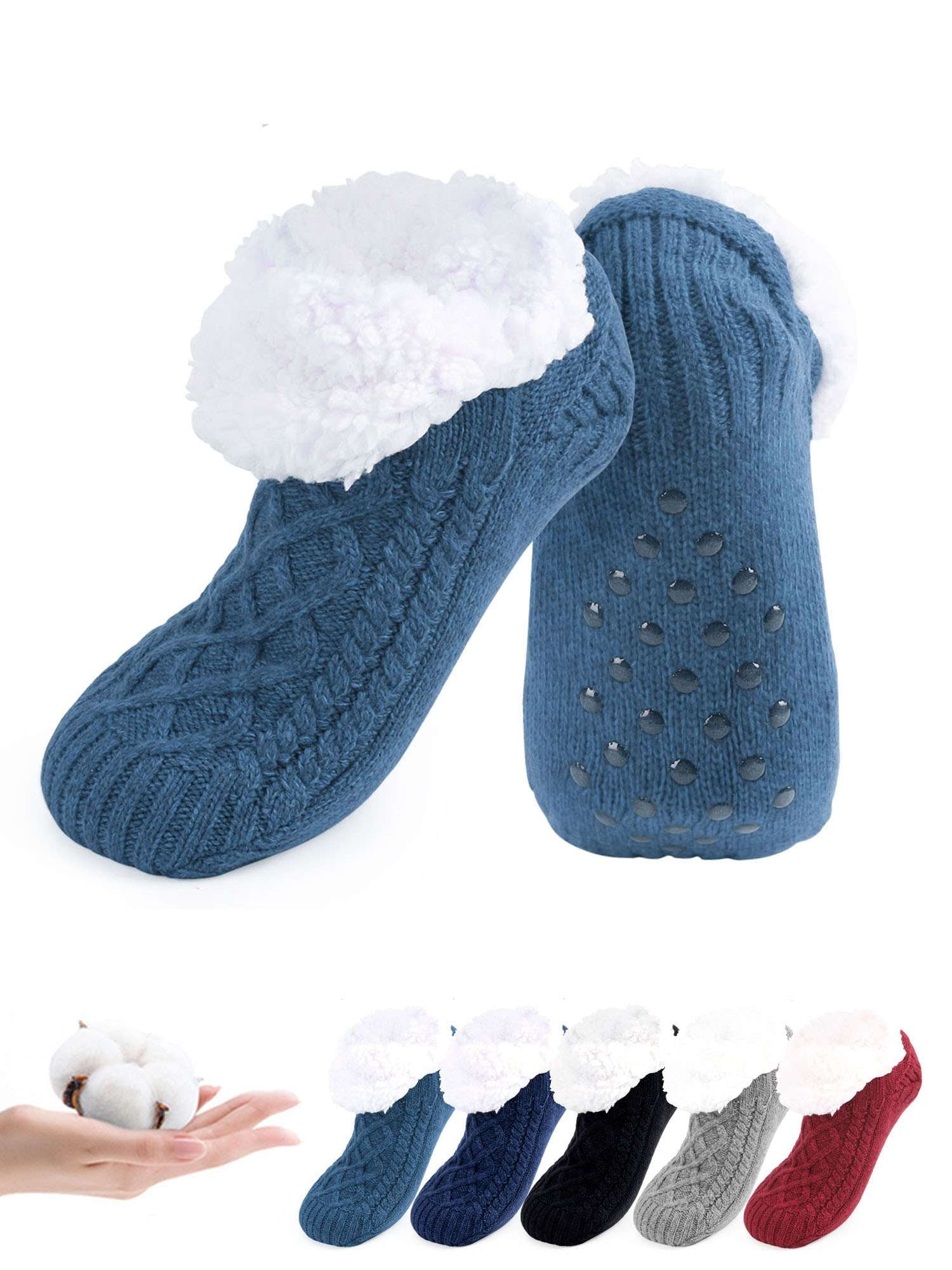 PULLIMORE Warm Fluffy Fleece Lining Slipper Socks with Non-Slip ...