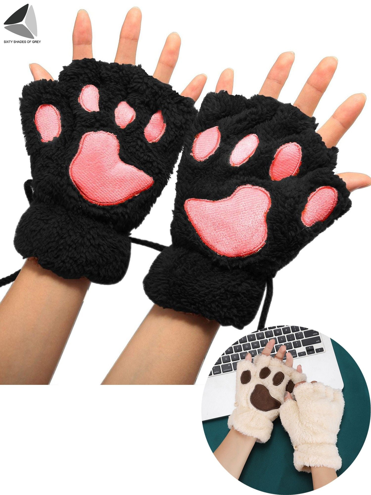 PULLIMORE Winter Cat Claw Bear Paw Gloves Fingerless Plush Warm Mittens ...