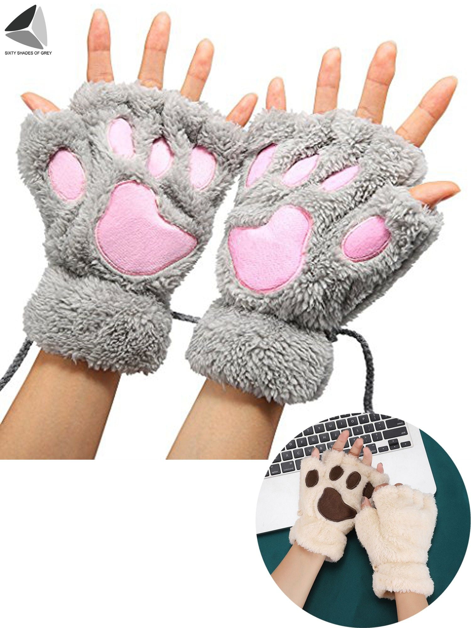 PULLIMORE Winter Cat Claw Bear Paw Gloves Fingerless Plush Warm Mittens ...