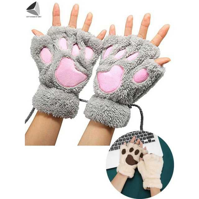 PULLIMORE Winter Cat Claw Bear Paw Gloves Fingerless Plush Warm Mittens ...