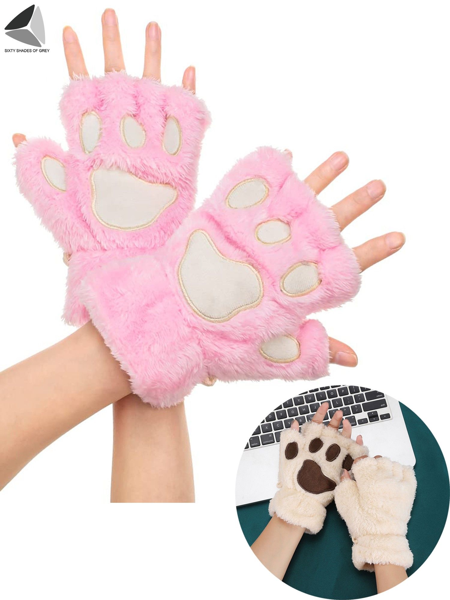 PULLIMORE Winter Cat Claw Bear Paw Gloves Fingerless Plush Warm Mittens ...