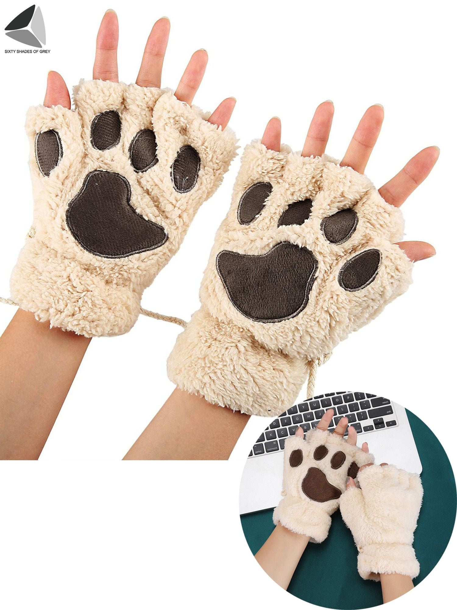 PULLIMORE Winter Cat Claw Bear Paw Gloves Fingerless Plush Warm Mittens ...