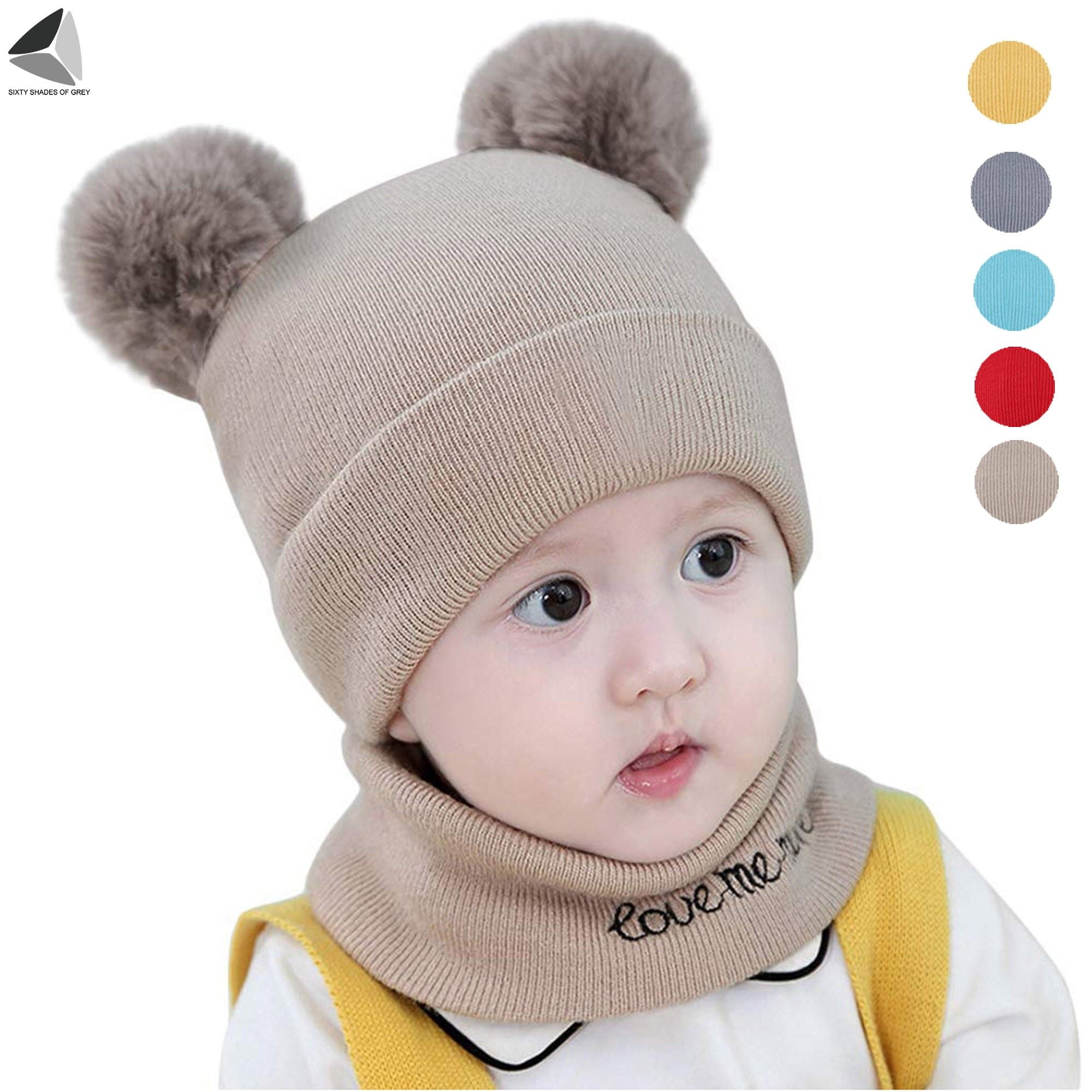PULLIMORE Winter Warm Child Beanie Hat Scarf Set Ski Knit Hat Cap with Pompom for 0-12 Months ...