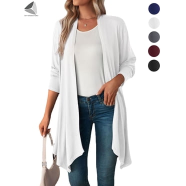 Mengpipi Women's Basic Casual Lightweight Long Sleeve Drape Open Front Cardigan, Beige-L(12-14 ...