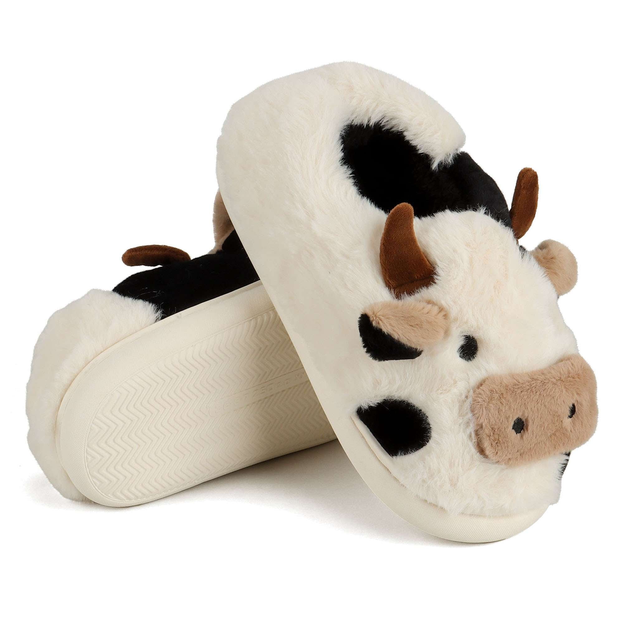 PULLIMORE Cartoon Cow Slippers, Winter Indoor Outdoor Slippers, Fuzzy Plush Cotton Slipper for ...