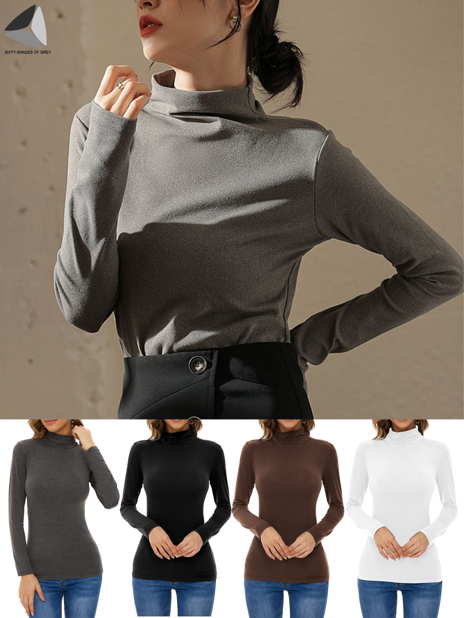 PULLIMORE Women High Collar T-Shirt Long Sleeve Solid Color Turtleneck ...