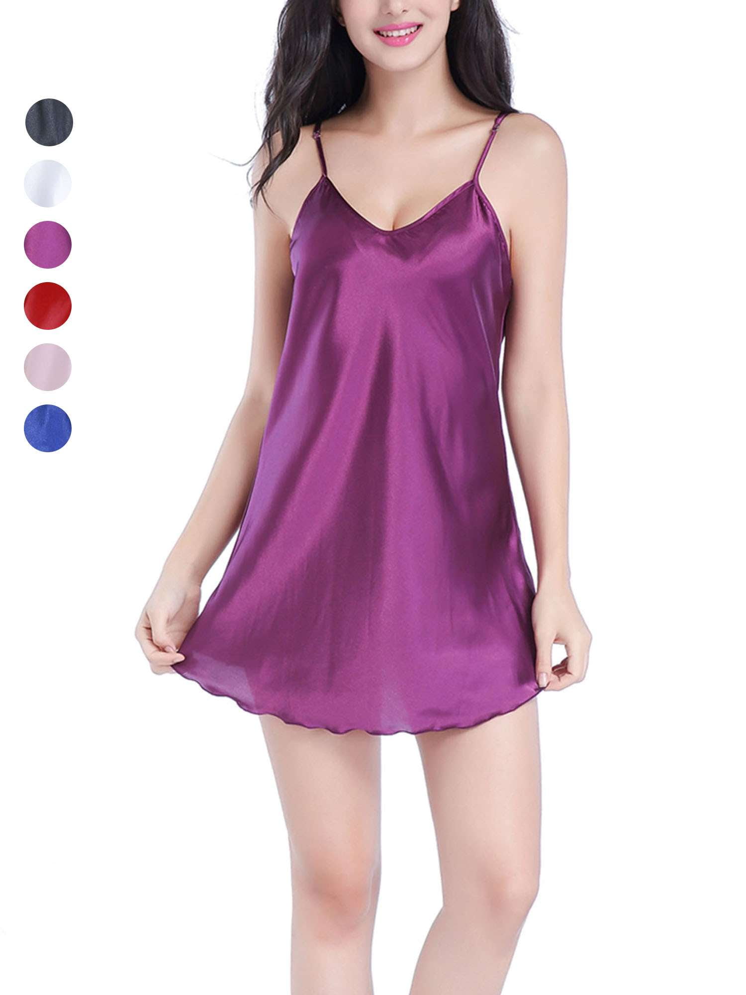 PULLIMORE Women Sexy Satin Lingerie Sleepwear Mini Slip Chemise V Neck ...