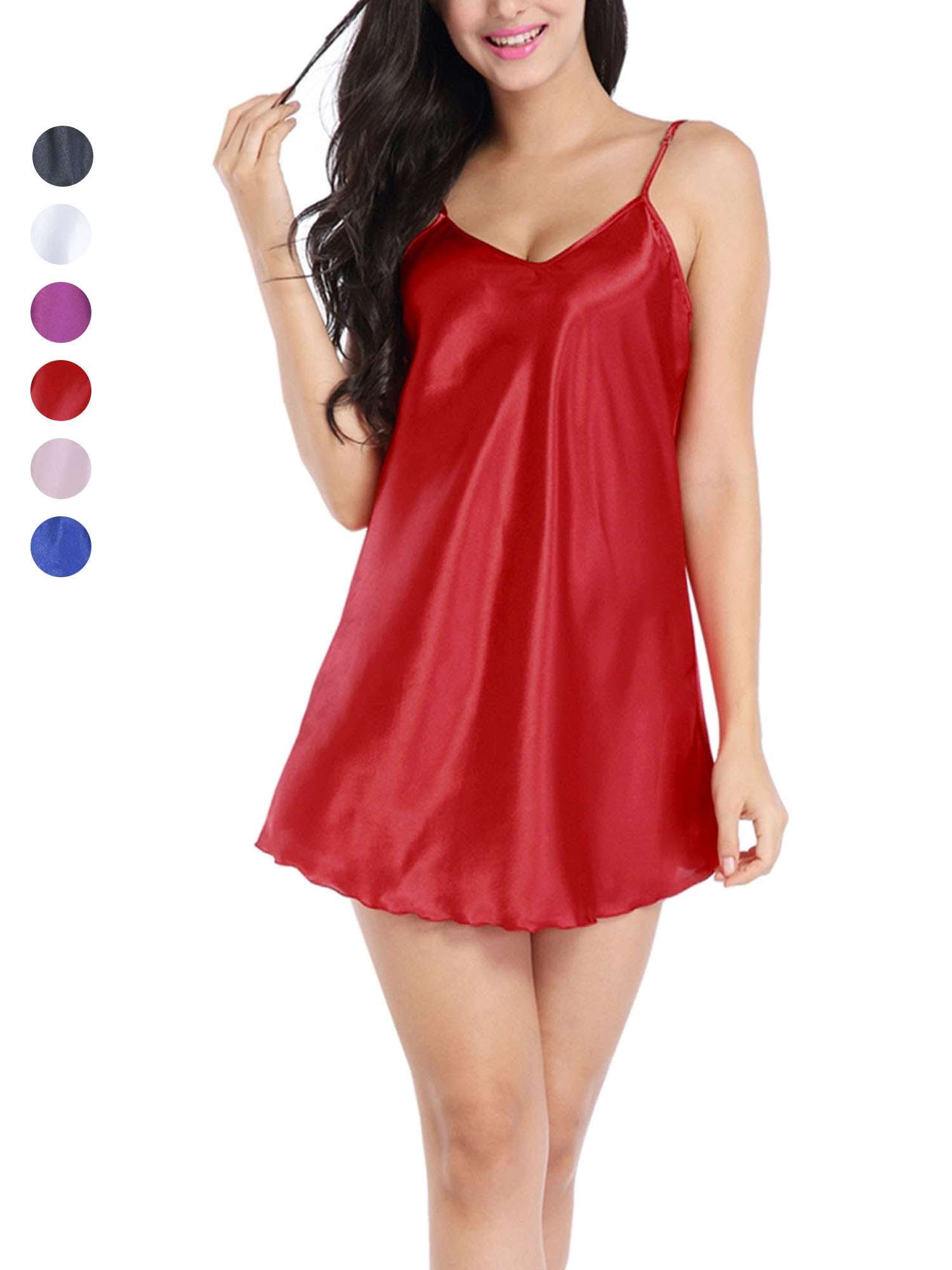 PULLIMORE Women Sexy Satin Lingerie Sleepwear Mini Slip Chemise V Neck ...
