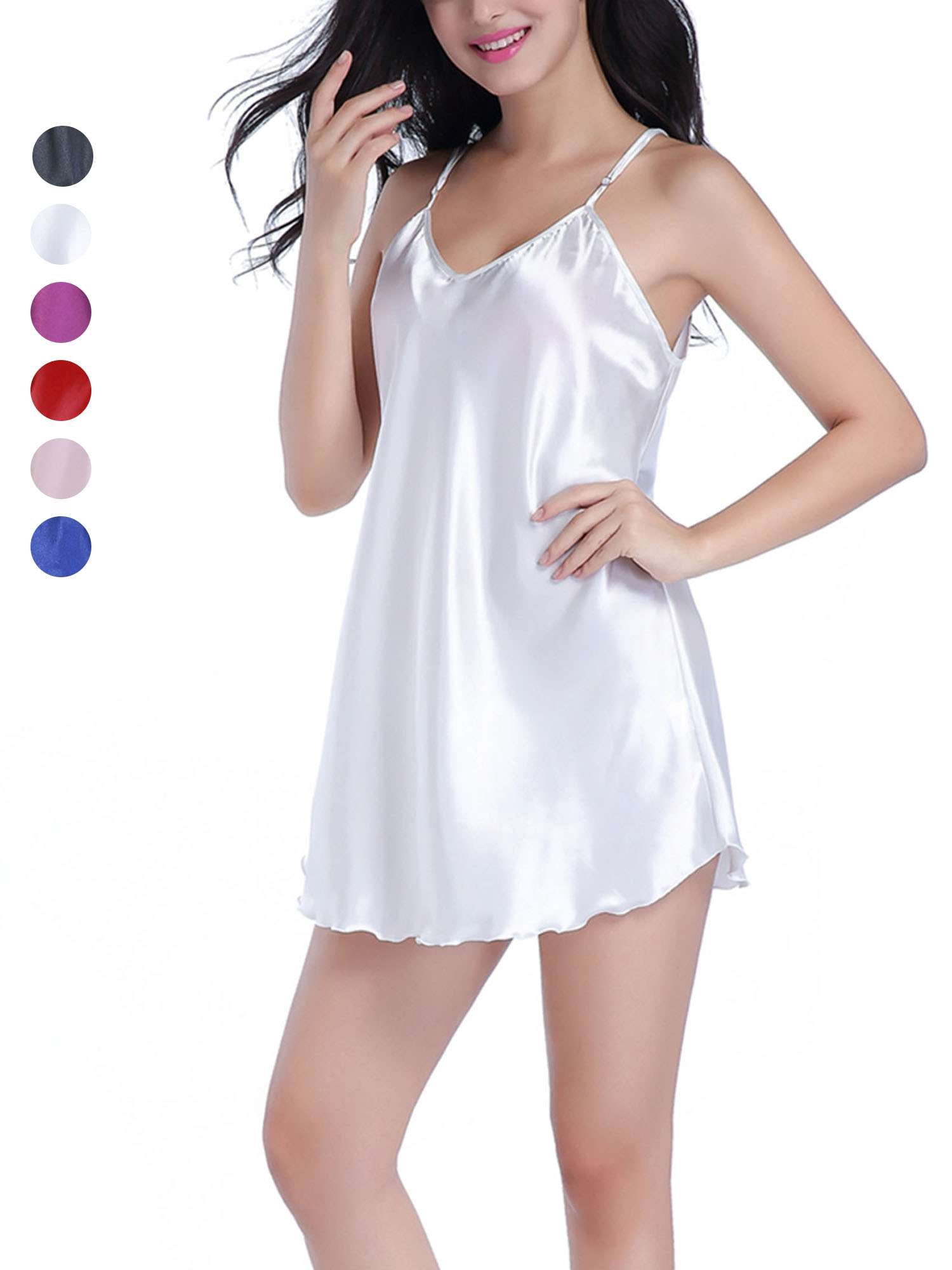 PULLIMORE Women Sexy Satin Lingerie Sleepwear Mini Slip Chemise V Neck ...