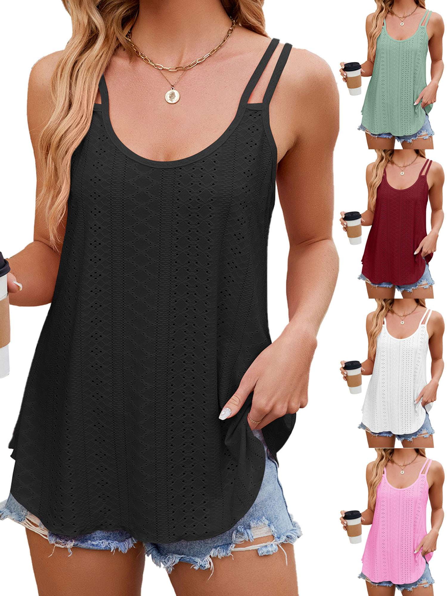 PULLIMORE Women's Tank Tops Eyelet Embroidery Sleeveless Camisole Scoop Neck Loose Casual Summer ...