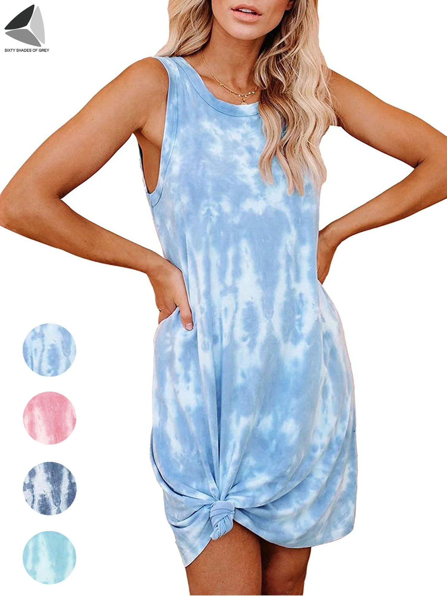 PULLIMORE Women's Tie Dye Summer Tank Dress Casual Sleeveless T-Shirt ...