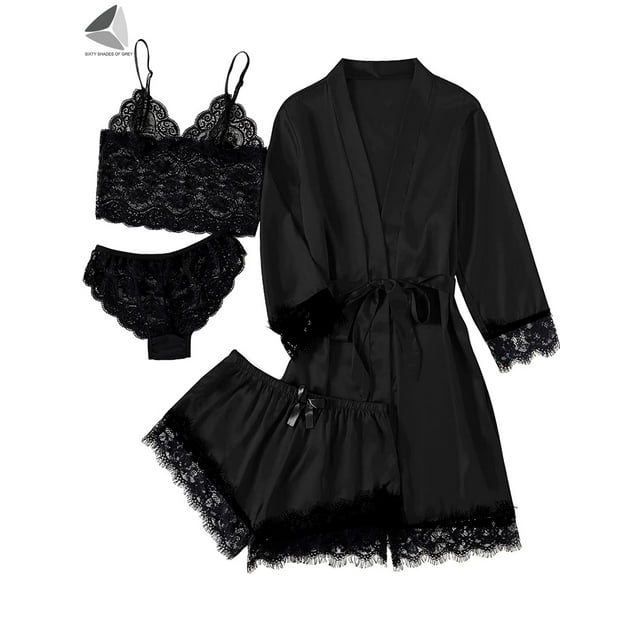 Pullimore Womens 4 Pcs V Neck Sexy Sleepwear Set Floral Lace Cami