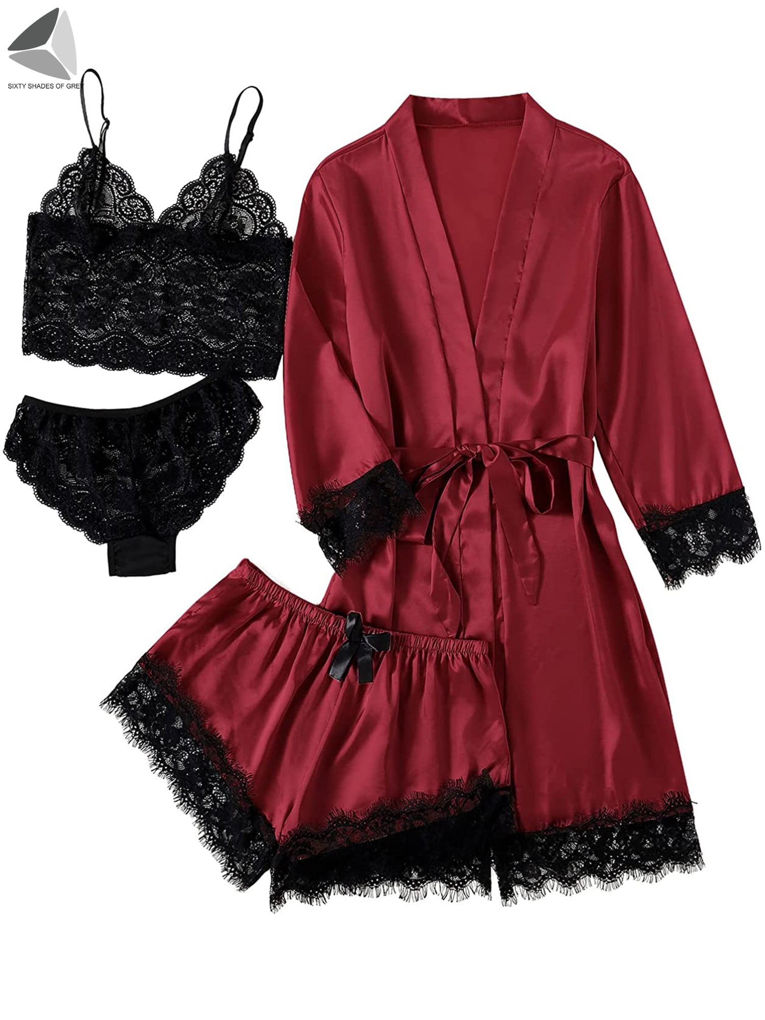 PULLIMORE Womens 4 Pcs V Neck Sexy Sleepwear Set Floral Lace Cami ...