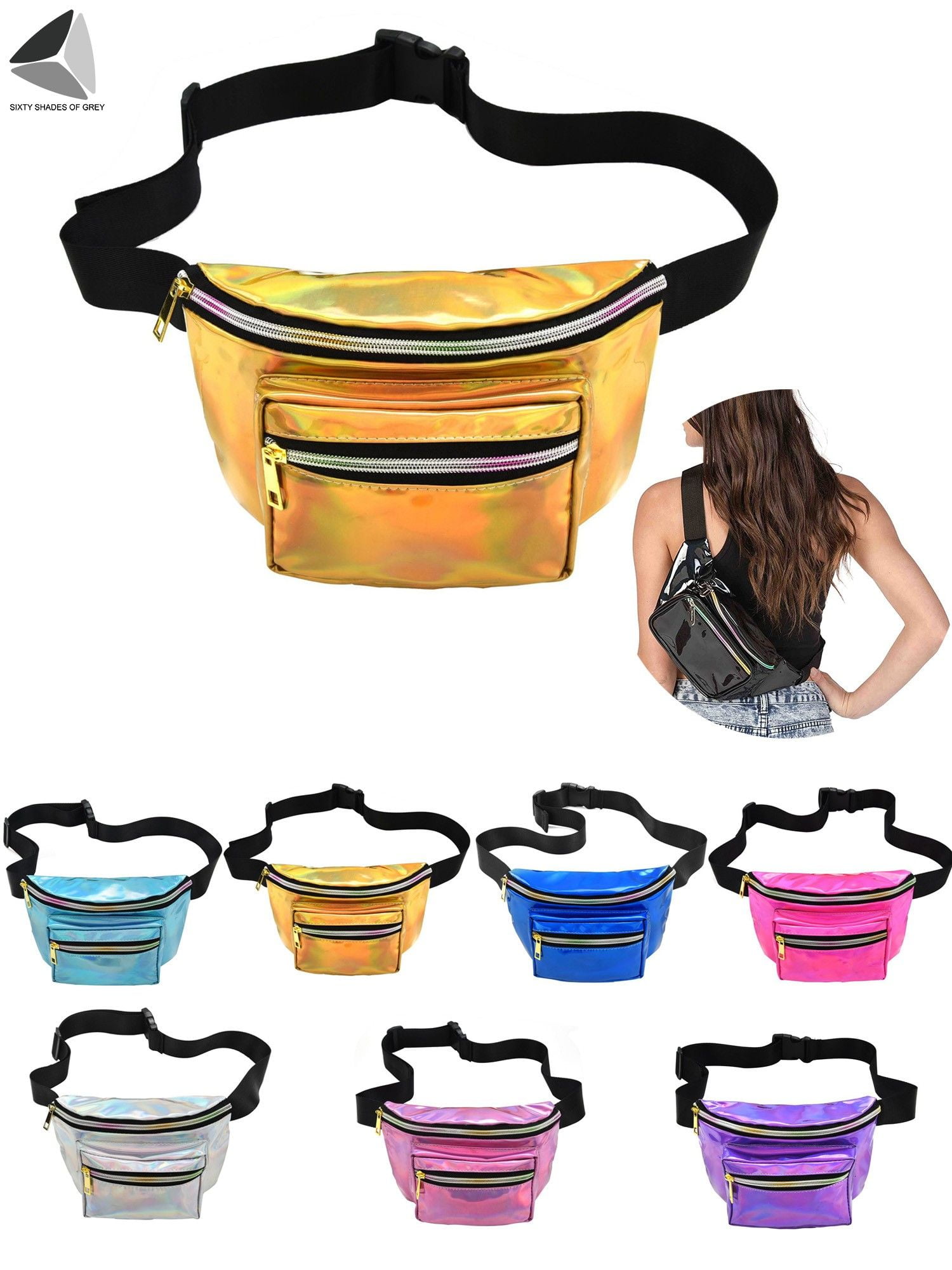 PULLIMORE Womens Holographic Fanny Pack Fashion Shiny Metallic Festival ...