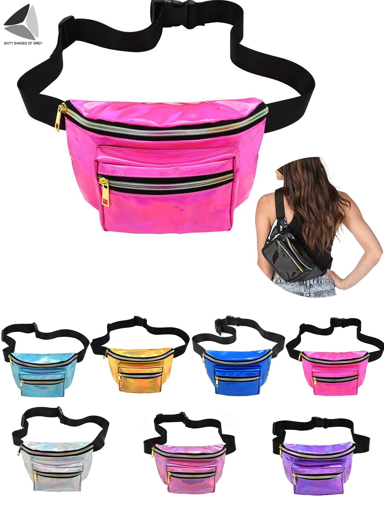 PULLIMORE Womens Holographic Fanny Pack Fashion Shiny Metallic Festival ...