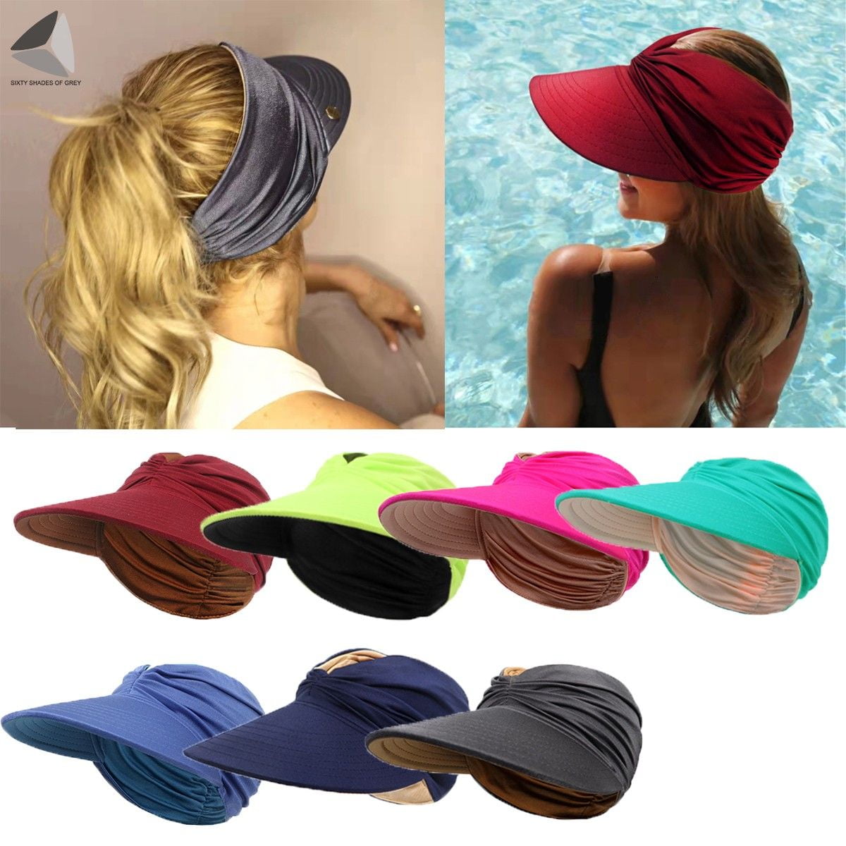 PULLIMORE Womens Sun Visor Summer Cap Wide Brim UV Protection Ponytail ...