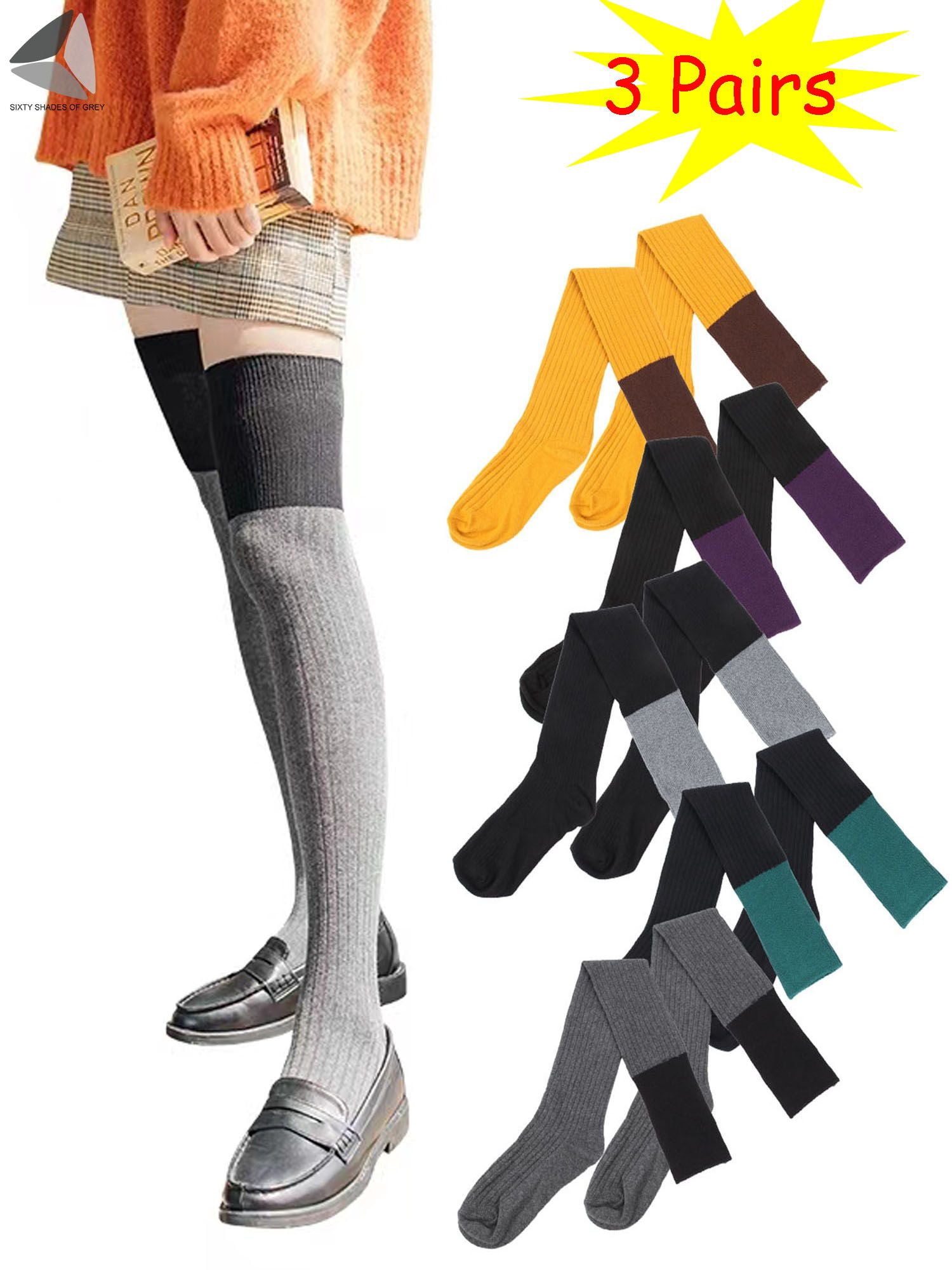 PULLIMORE Womens Thigh High Socks Double Colors Matching Long Tube ...