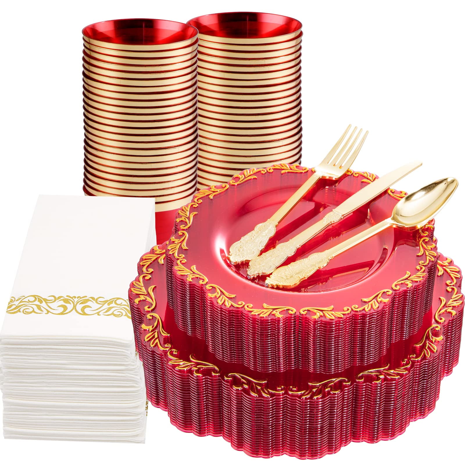 PULOTE 175PCS Clear Red SSF20 Plastic Plates with Gold Rim & Gold ...