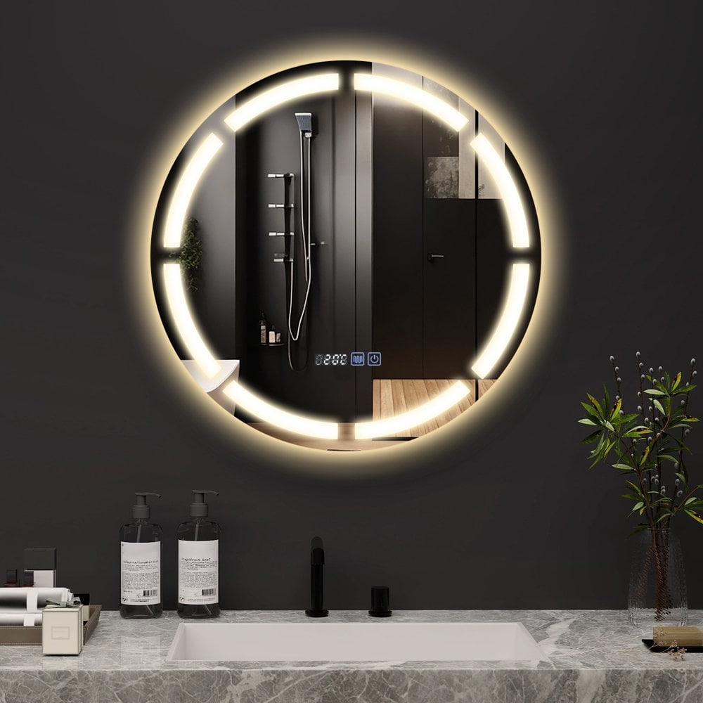 PULUOMIS Round LED Bathroom Mirror with Strap Anti-Fog 3 Colors ...