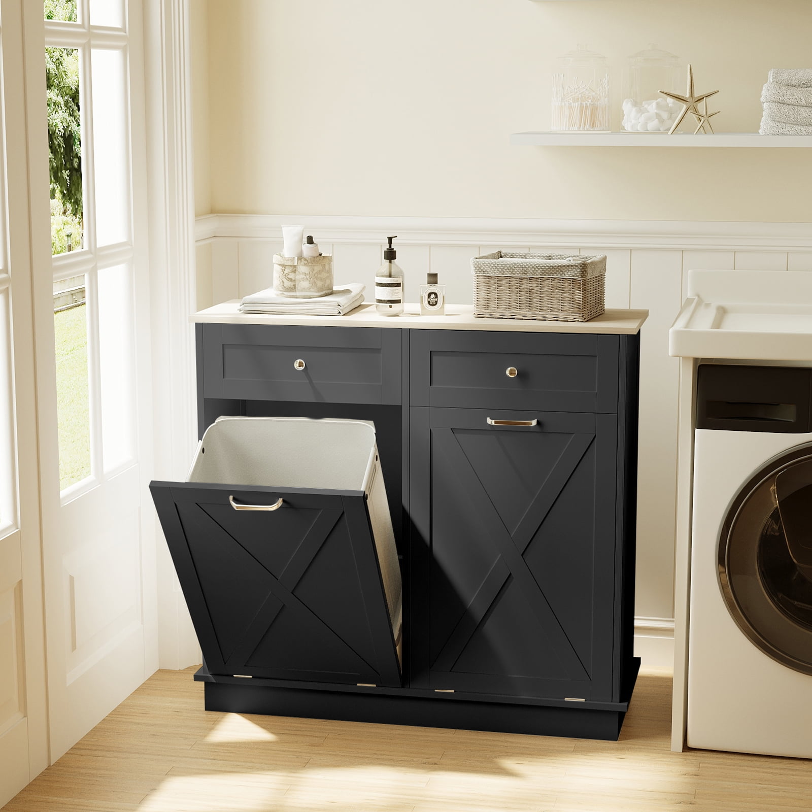 PULUOMIS Tilt-Out Laundry Sorter Two Cabinet/Wooden Tilt Out Trash ...