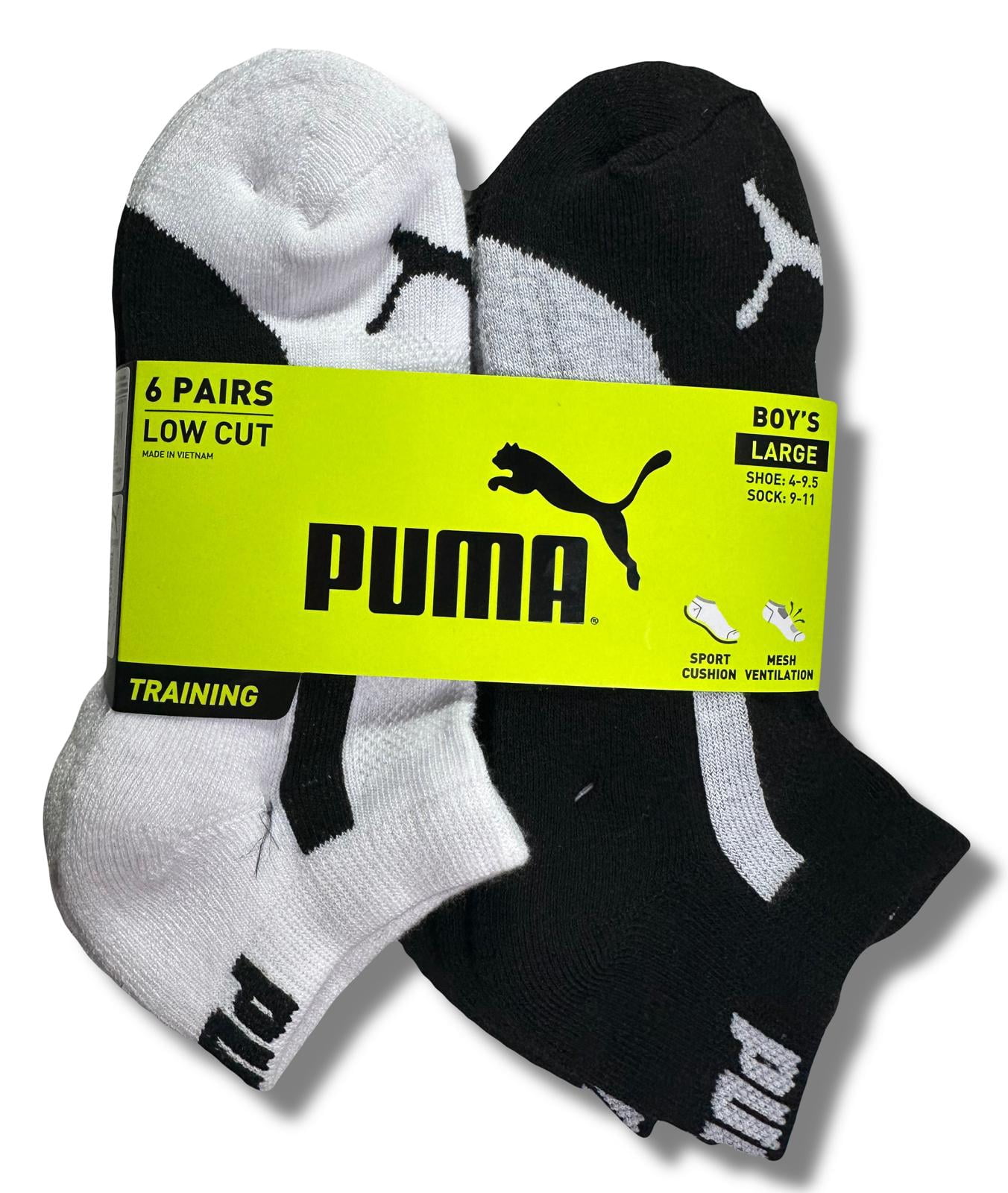 PUMA SOCKS BOYS X6 - LOW CUT 243 - PIPE WHITE BCK - LARGE SZ SHOE 4-9.5 ...